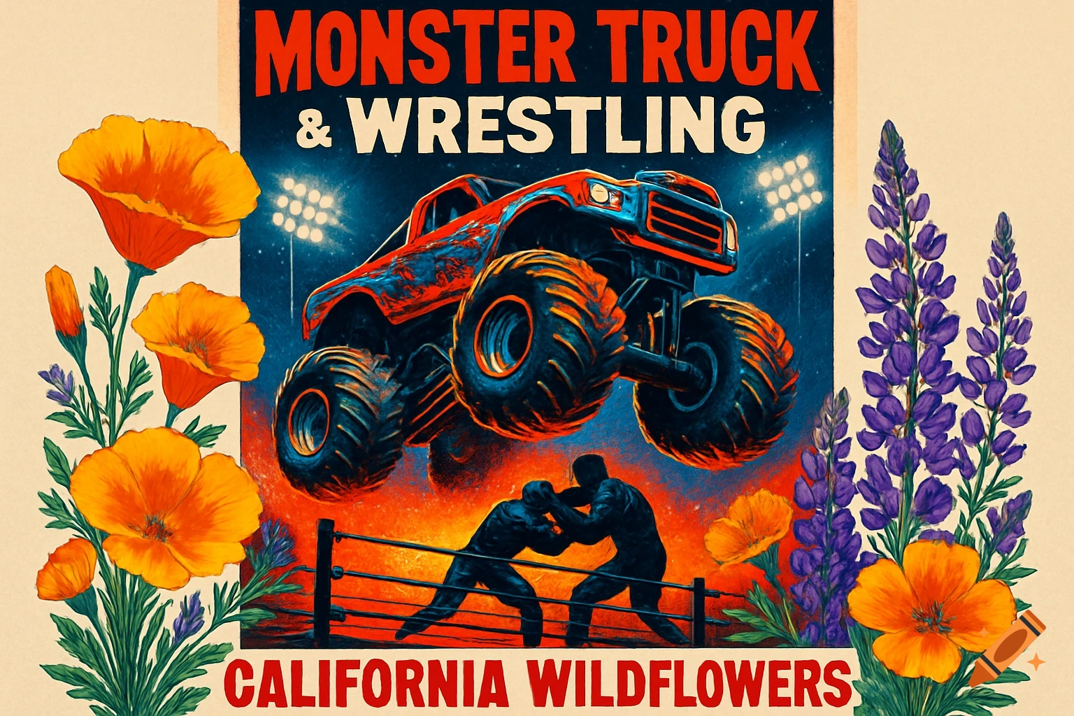 Vintage poster for Monster Truck & Wrestling featuring a monster truck ...