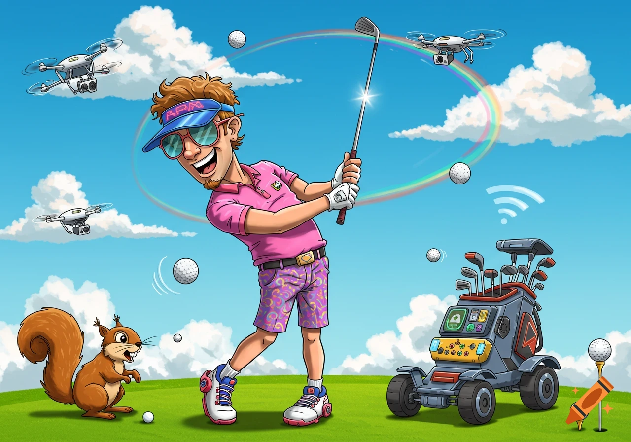 A funny cartoon golfer in pink, surrounded by drones, golf balls, a ...