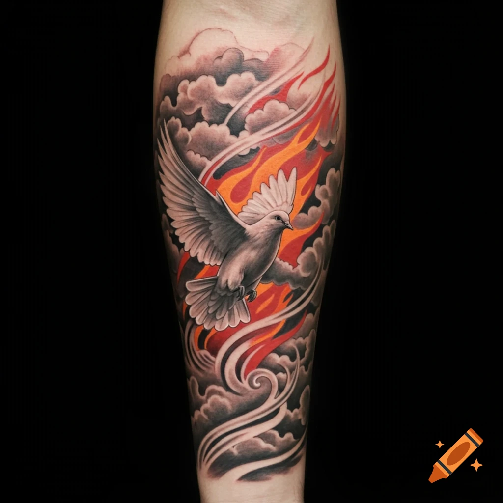 A vibrant forearm tattoo featuring a white dove flying amidst dark ...