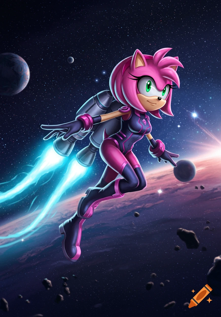 Amy Rose in a futuristic purple and pink superhero suit flies through ...