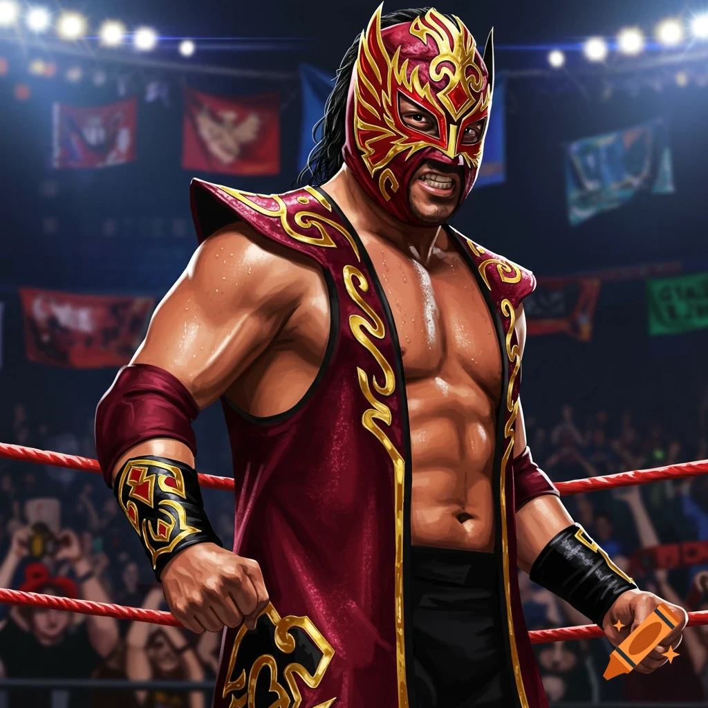 A muscular male wrestler in a red and gold mask and costume stands in a ...