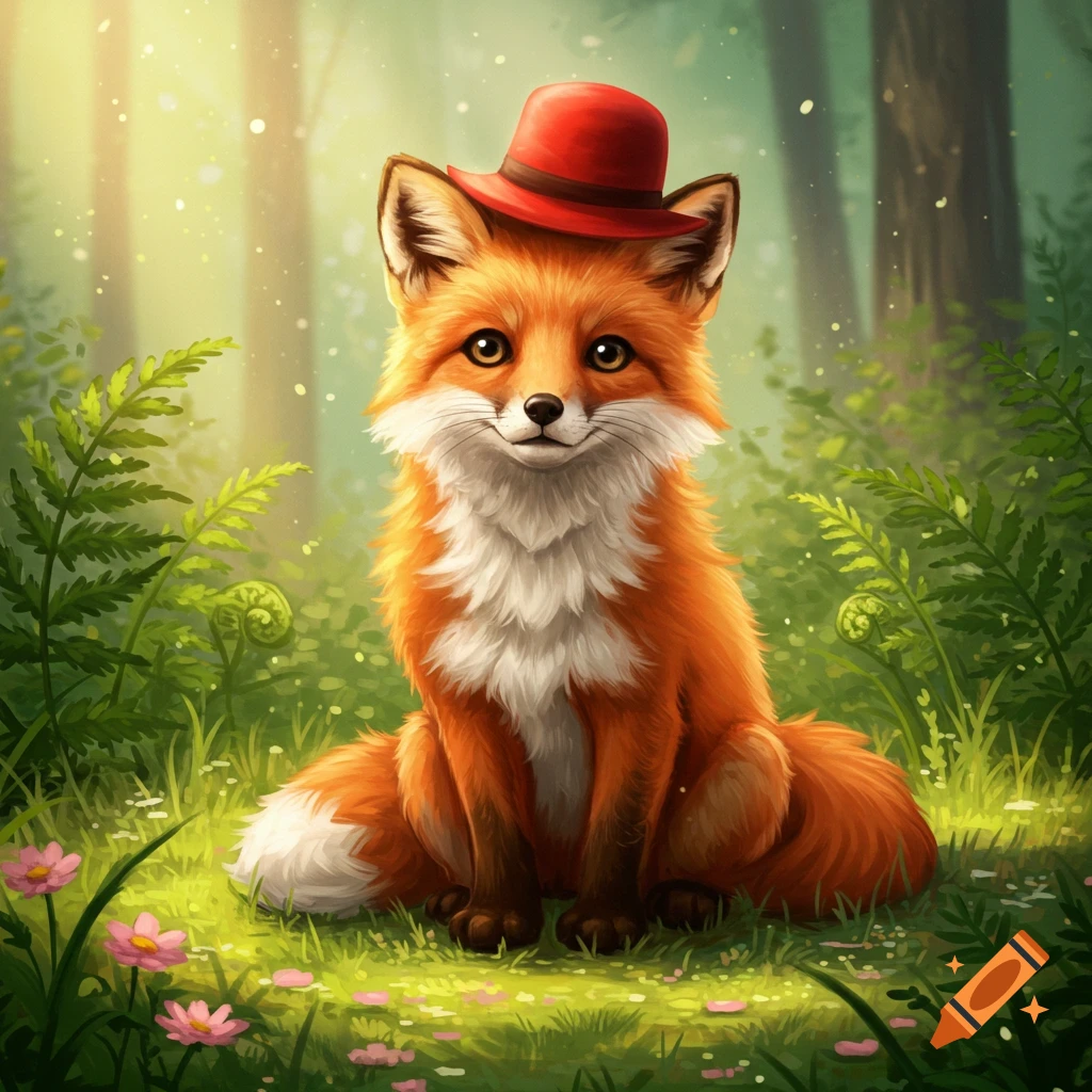 A cute, stylized red fox wearing a small red hat sits in a vibrant ...