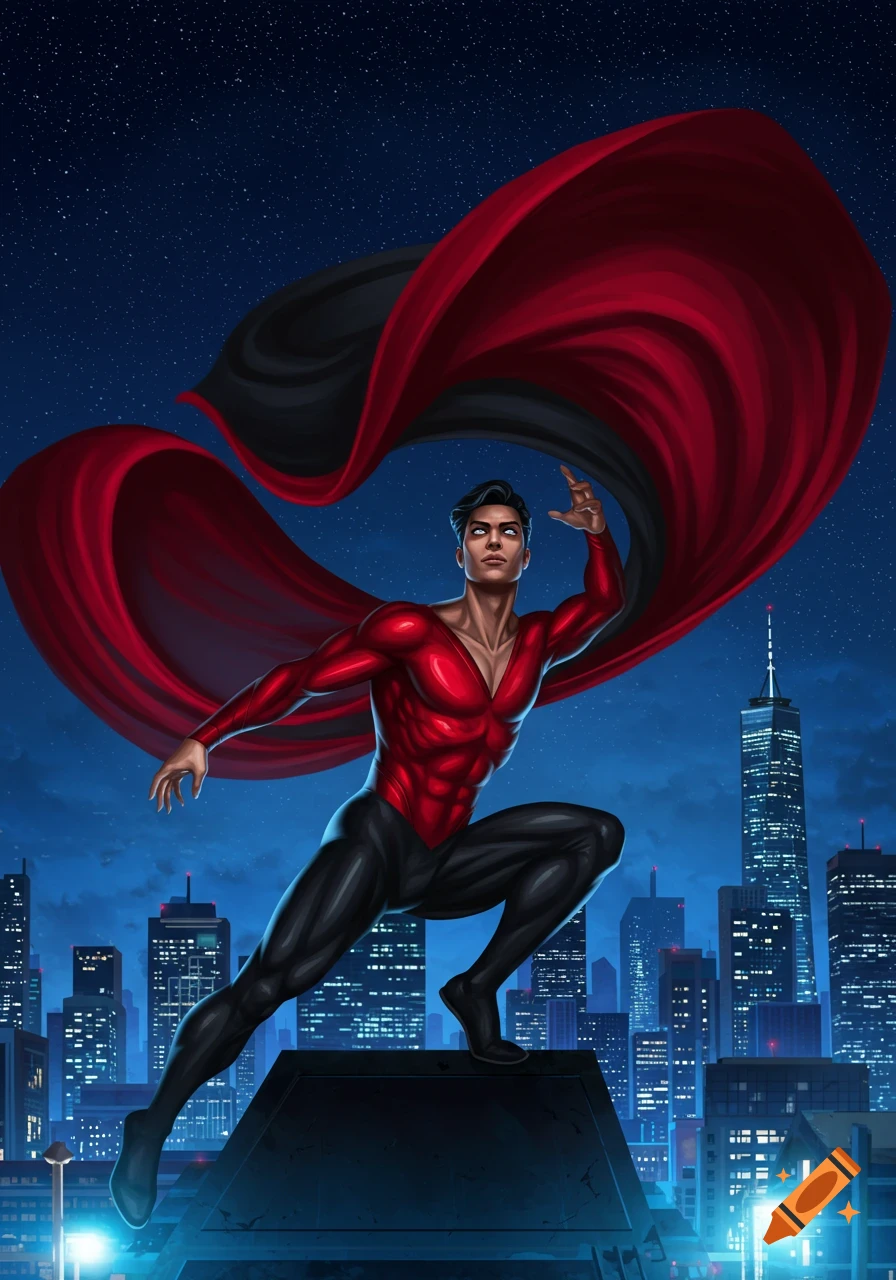 A muscular male superhero in a red and black suit with a cape and ...