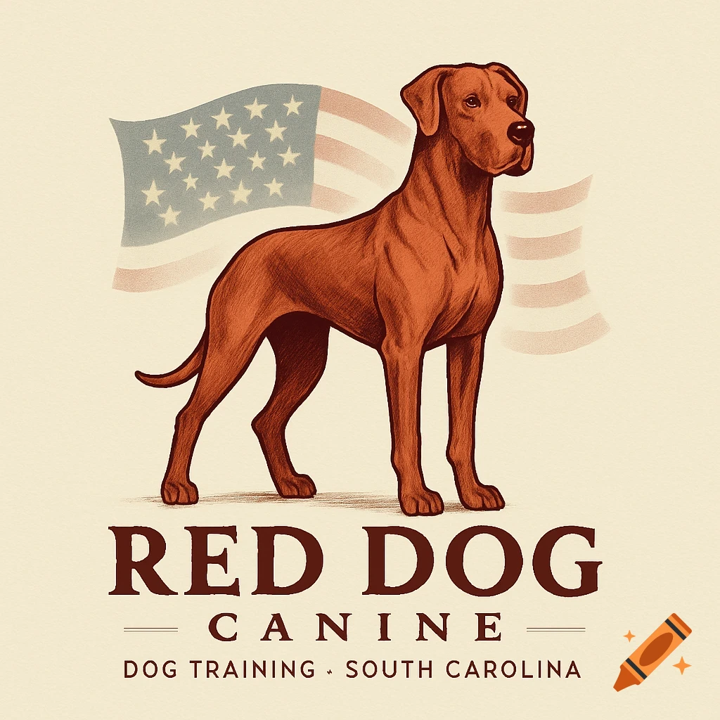 Logo featuring a brown dog standing in front of a stylized American ...