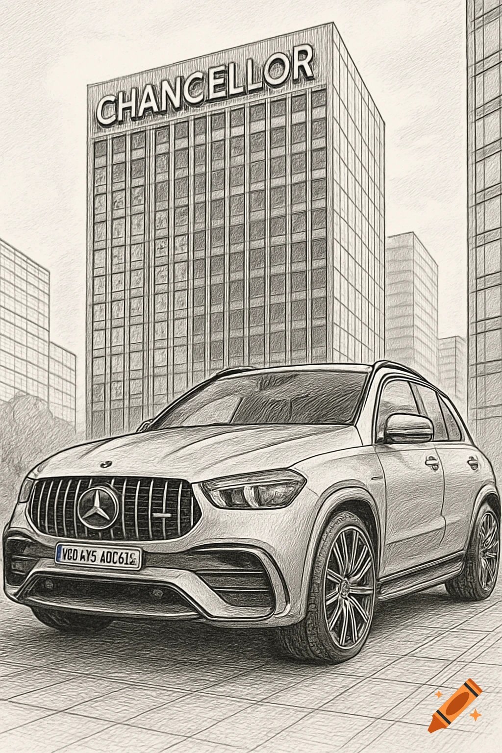 A detailed black and white line drawing of a modern sports car, viewed ...