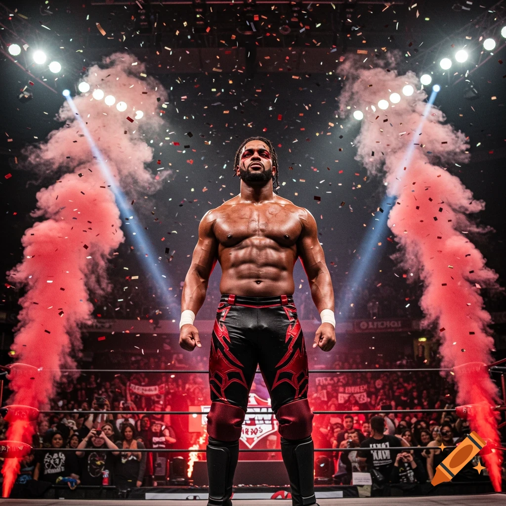 A muscular wrestler stands confidently in the center of a wrestling ...
