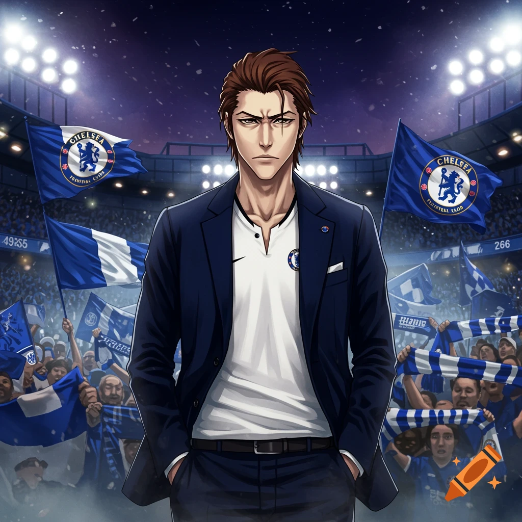 Anime man in a suit standing in a football stadium, surrounded by ...