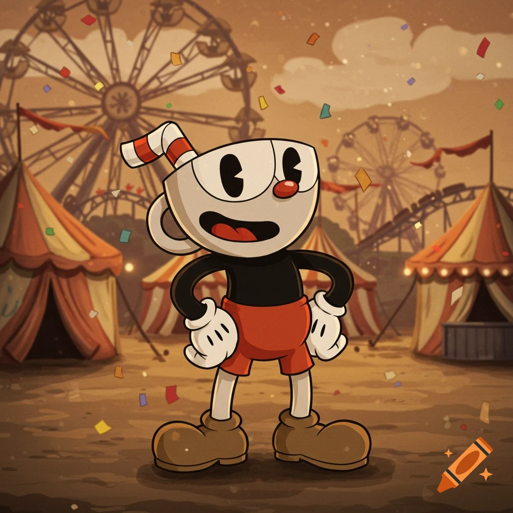 Cuphead, blushing with hearts above his head, stands at a carnival with ...