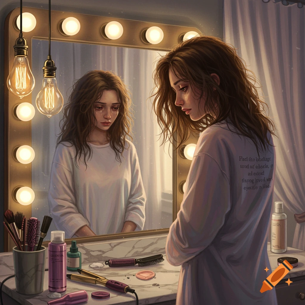 A sad woman with messy hair looks at her reflection in a lighted vanity mirror, surrounded by ...