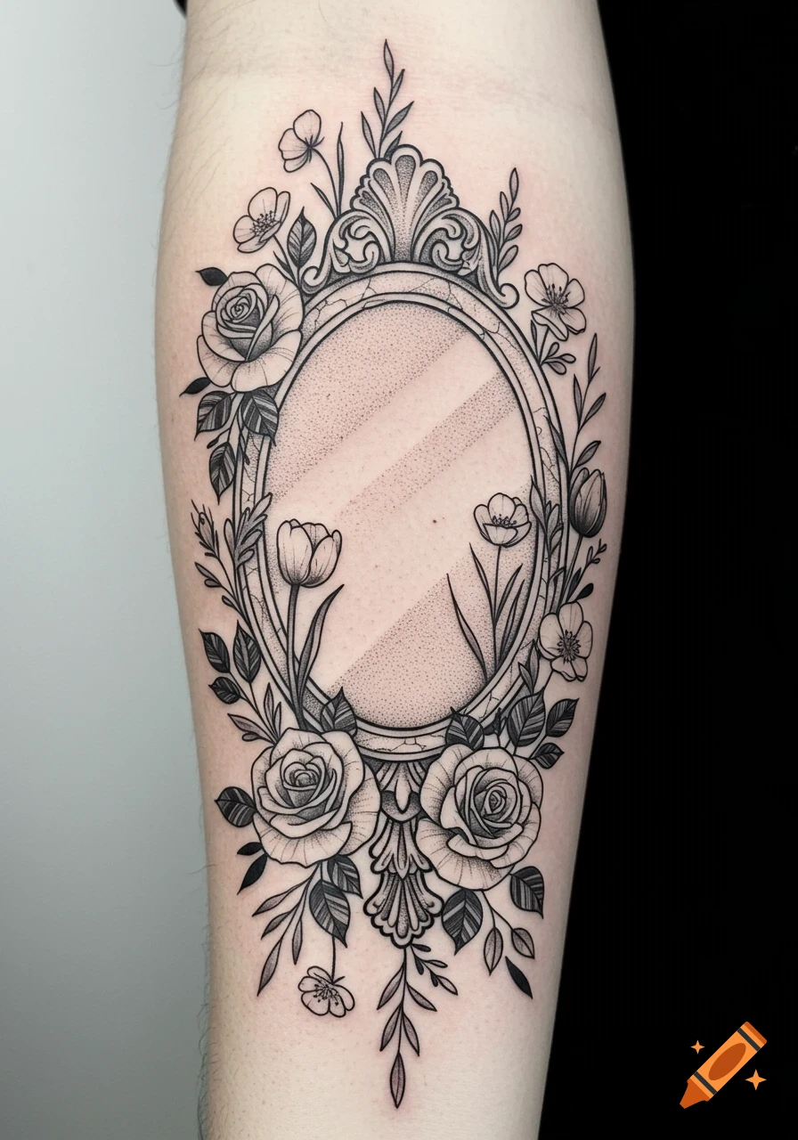 Black and white tattoo of an ornate oval mirror surrounded by roses ...