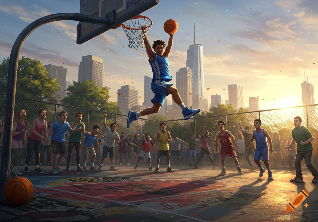 A glowing green skeleton dunks a basketball on a futuristic, neon-lit ...