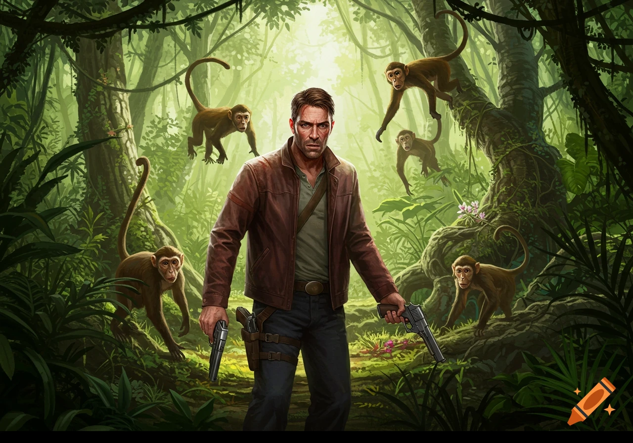 A man with two guns walks through a lush jungle, surrounded by monkeys ...