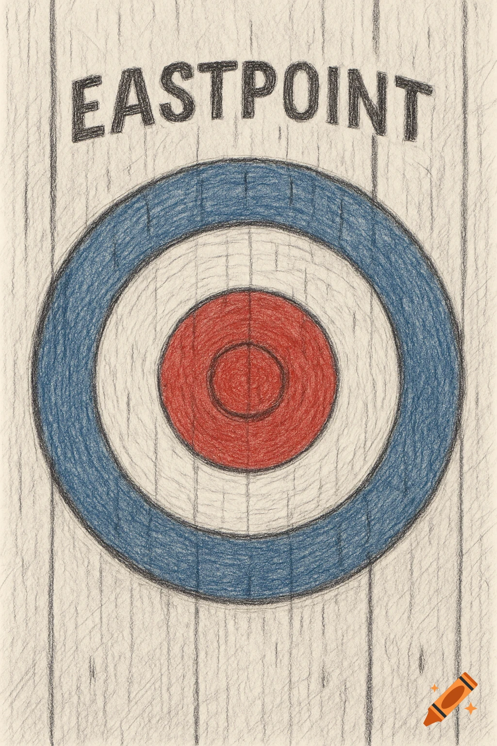 Pencil drawing of an axe throwing target with a red bullseye, a white ...
