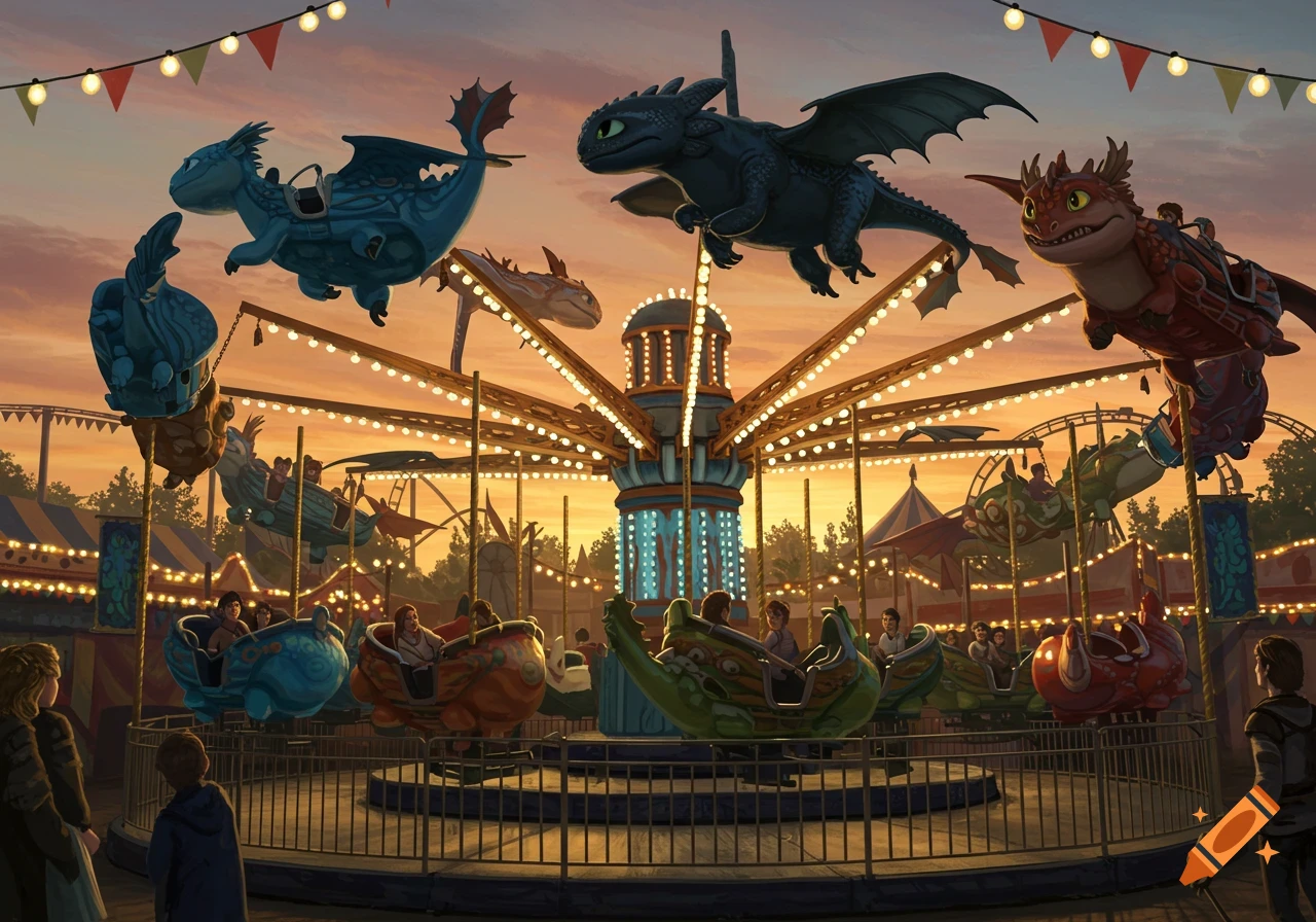 A dragon-themed carousel ride with people in dragon carts at a vibrant carnival during sunset ...