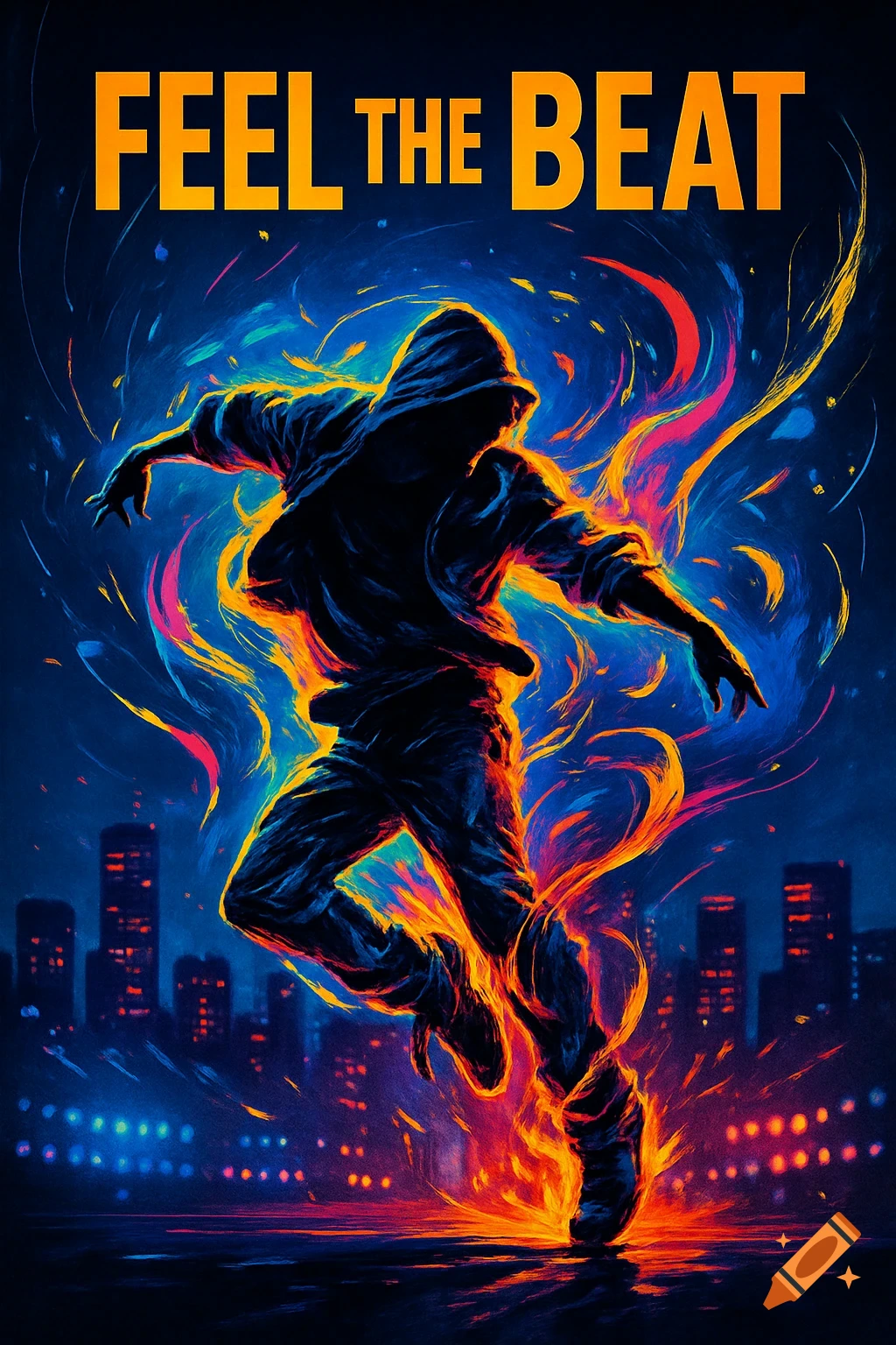 A silhouetted dancer leaps against a vibrant abstract background of blues, reds, and oranges ...