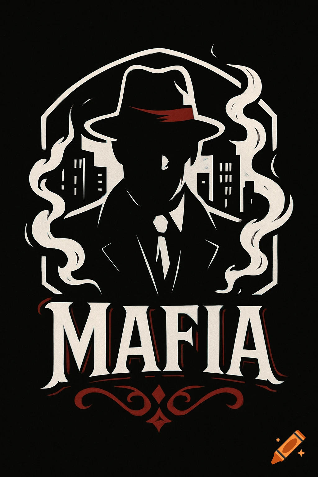 A stylized black and white logo featuring a silhouetted man in a fedora ...