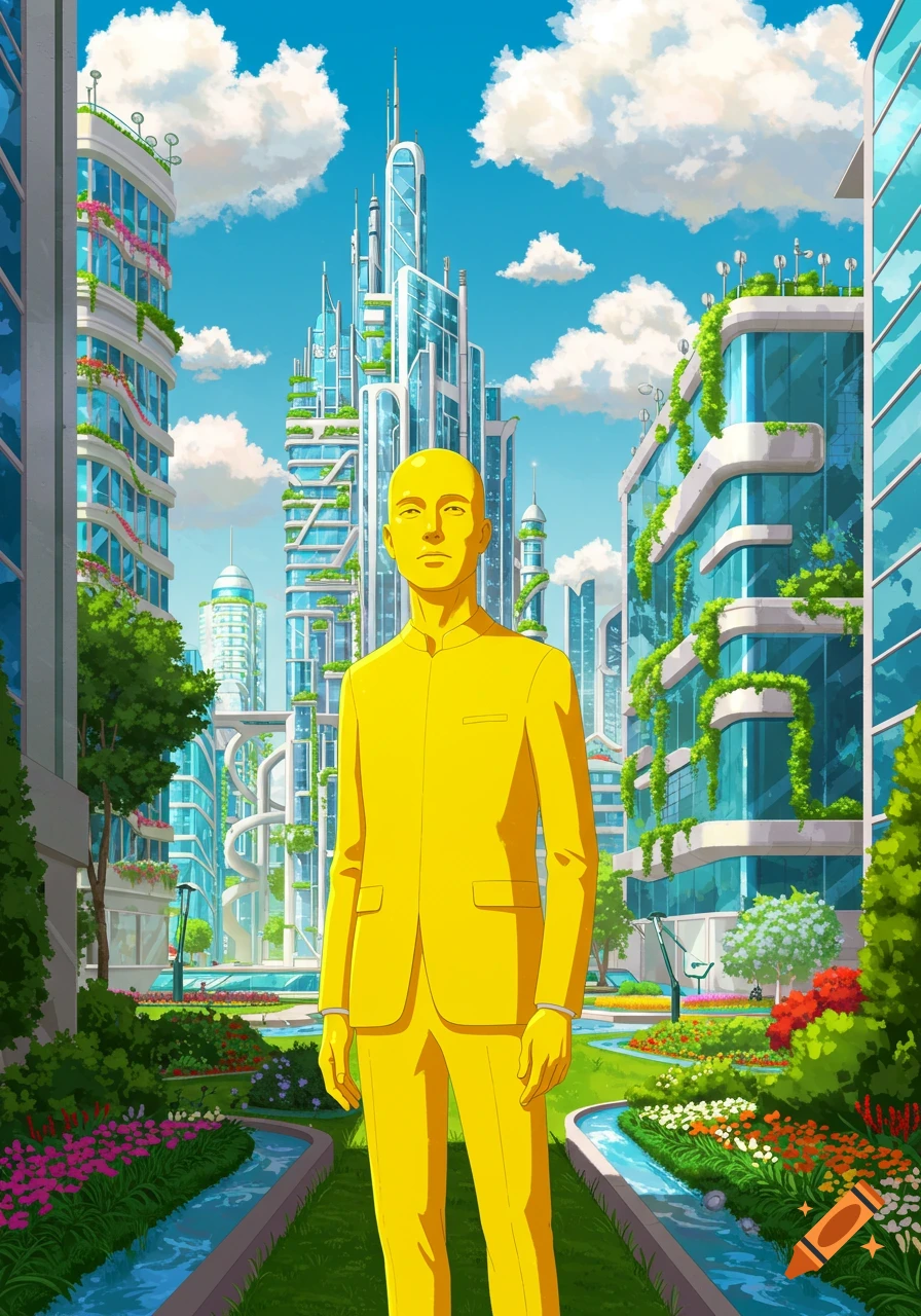 A bald yellow man in a yellow suit stands in the center of a vibrant ...
