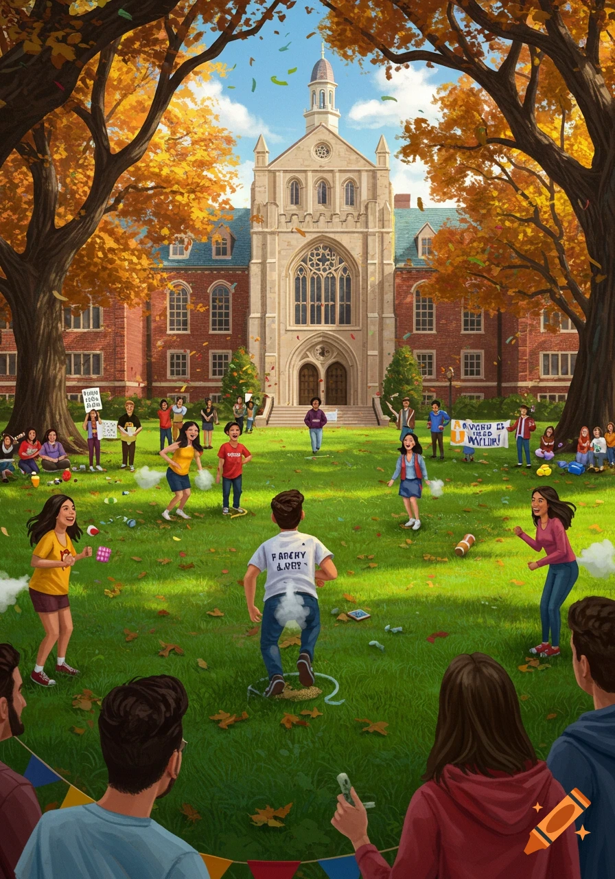 An illustration of students engaged in a humorous farting competition ...