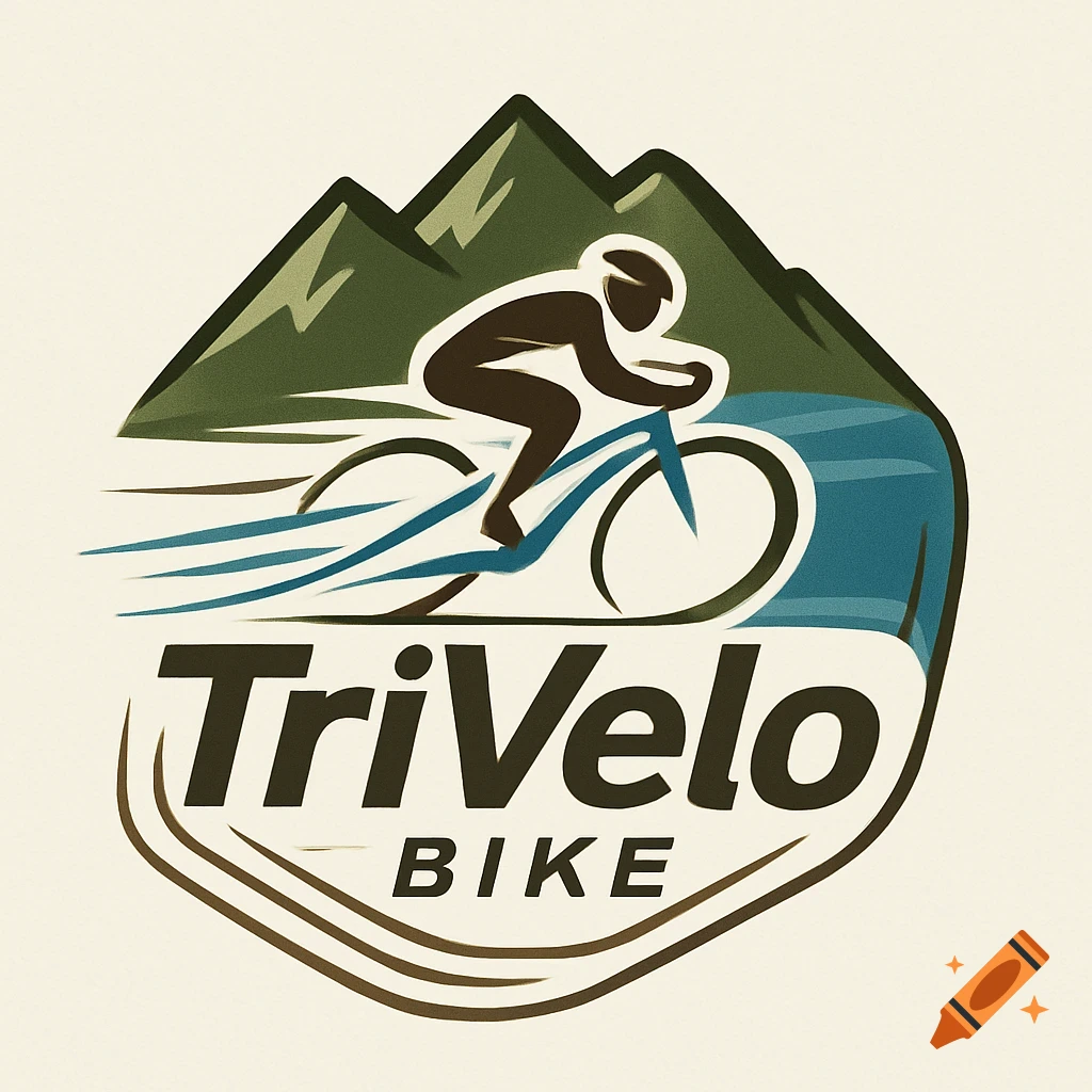 Stylized logo featuring a cyclist on a bike with mountains and water in ...