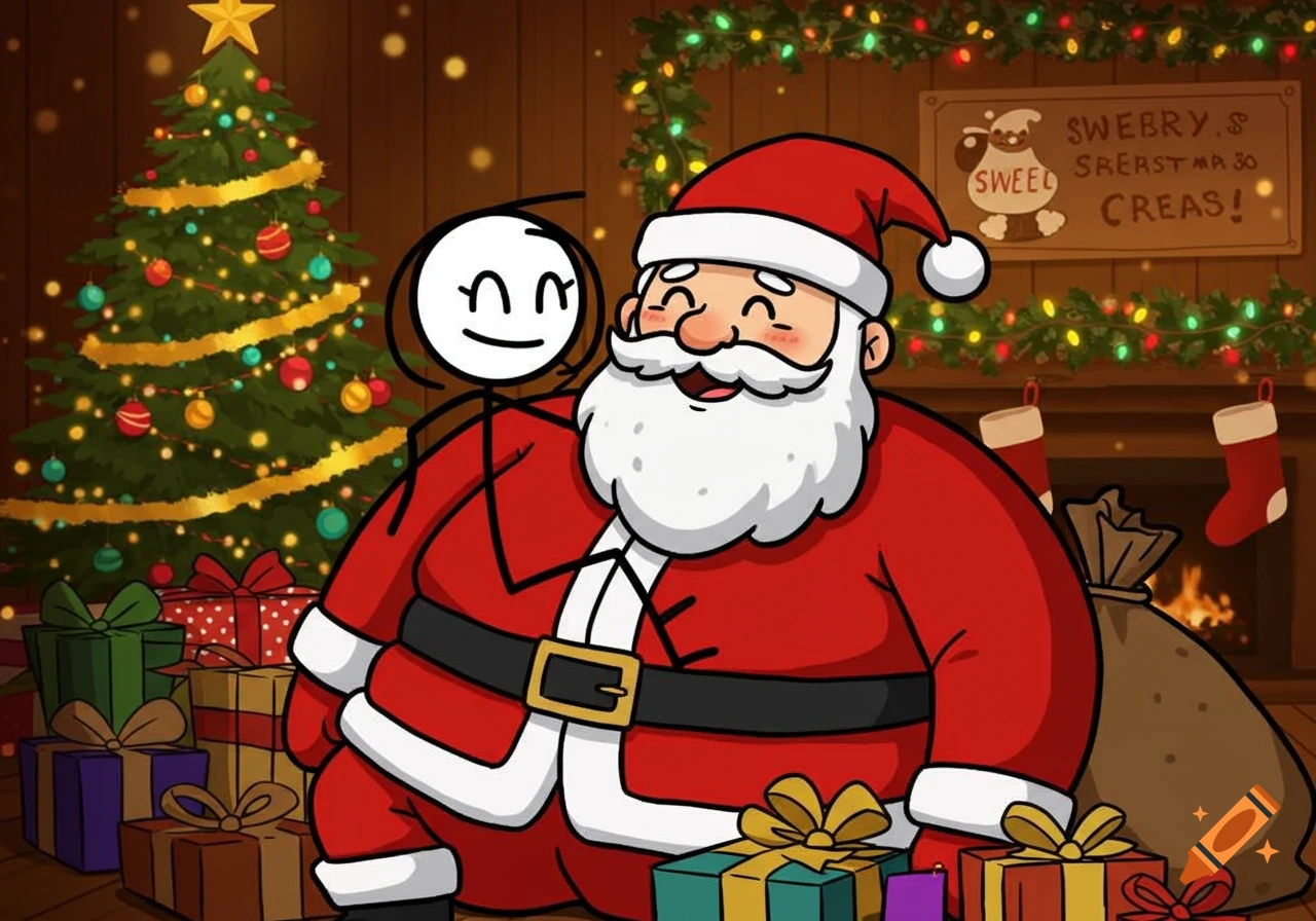A stick figure sits on Santa's lap in a festive room with a Christmas ...