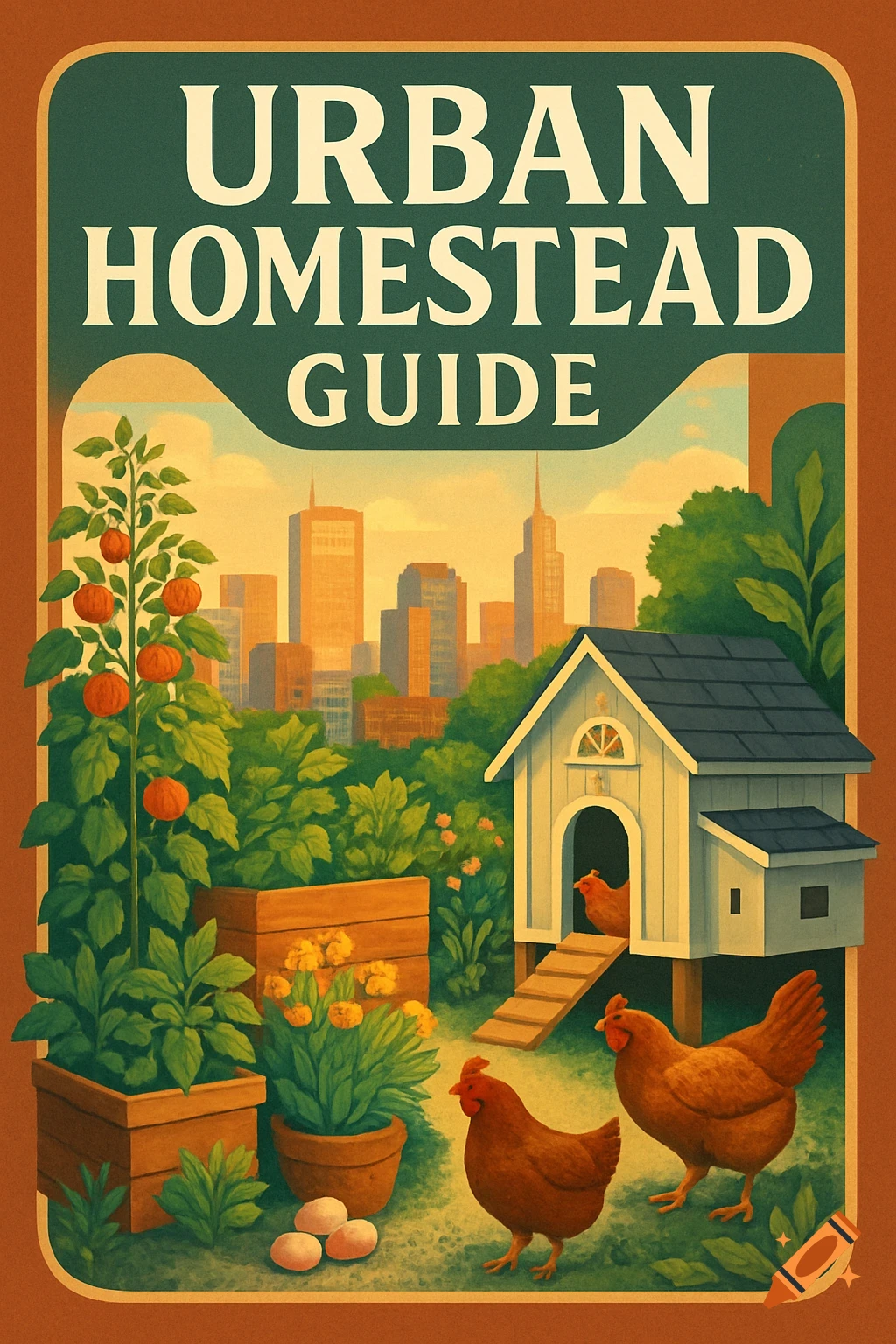 A vintage-style illustration of an urban homestead with a chicken coop ...