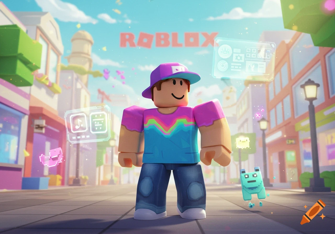 Four Roblox characters walk down a vibrant, painterly cityscape street ...