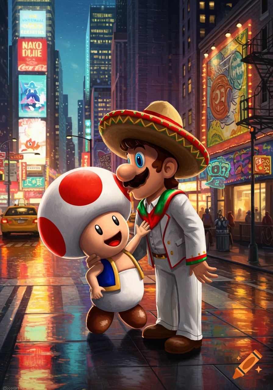 Mario in a mariachi-style suit with Toad on a rainy city street at ...