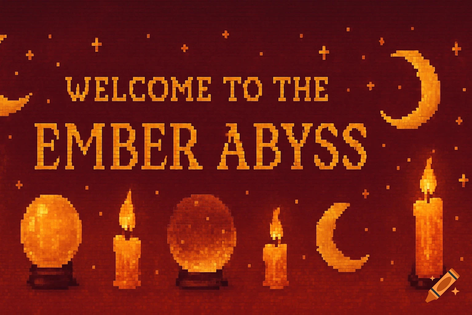 Pixel art banner with 'Welcome to the Ember Abyss' text, crescent moons ...