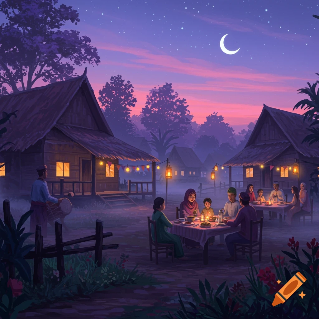 An illustrative scene of families enjoying an outdoor meal at night in ...