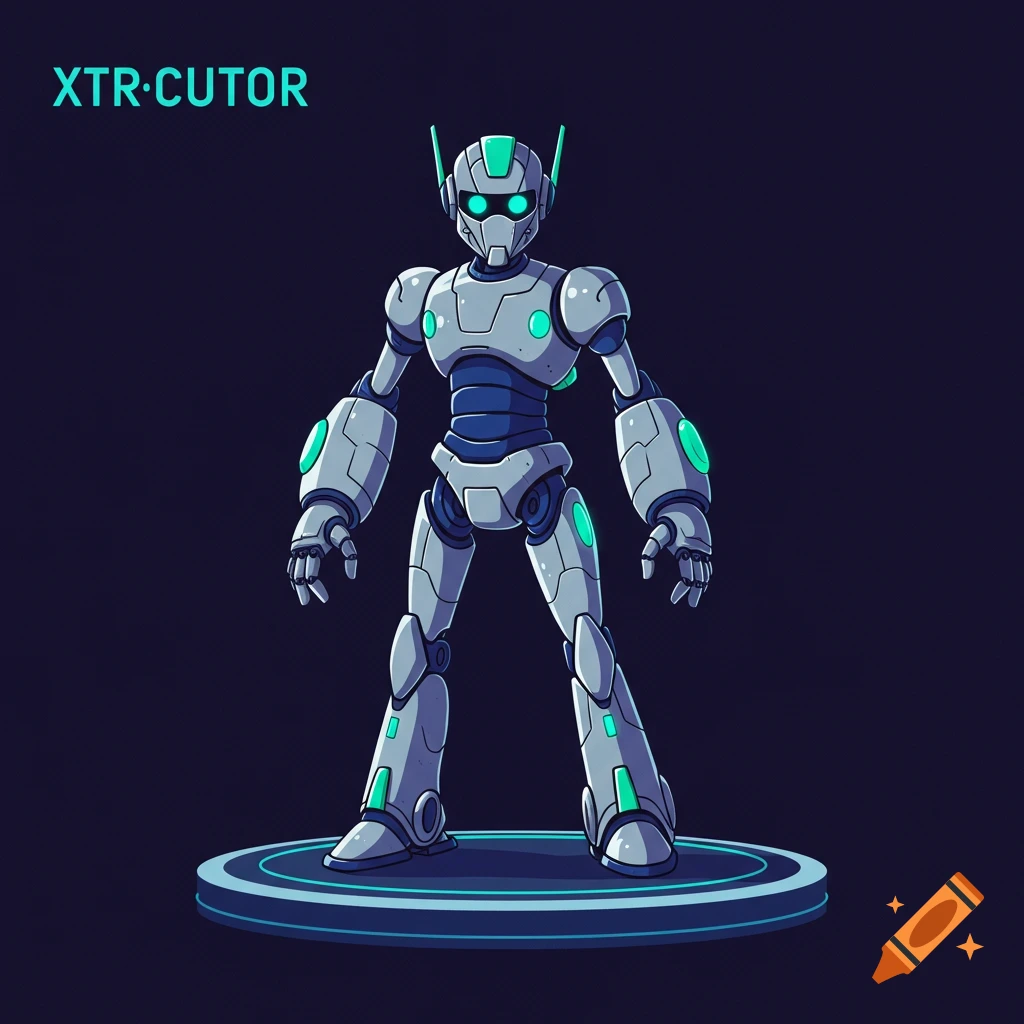 A cartoon-style robot in grey and blue with glowing teal accents stands ...
