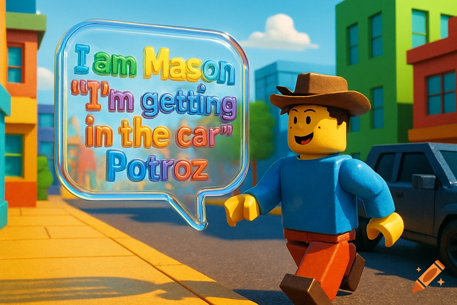 A Lego-style character resembling a cowboy speaks from a speech bubble ...