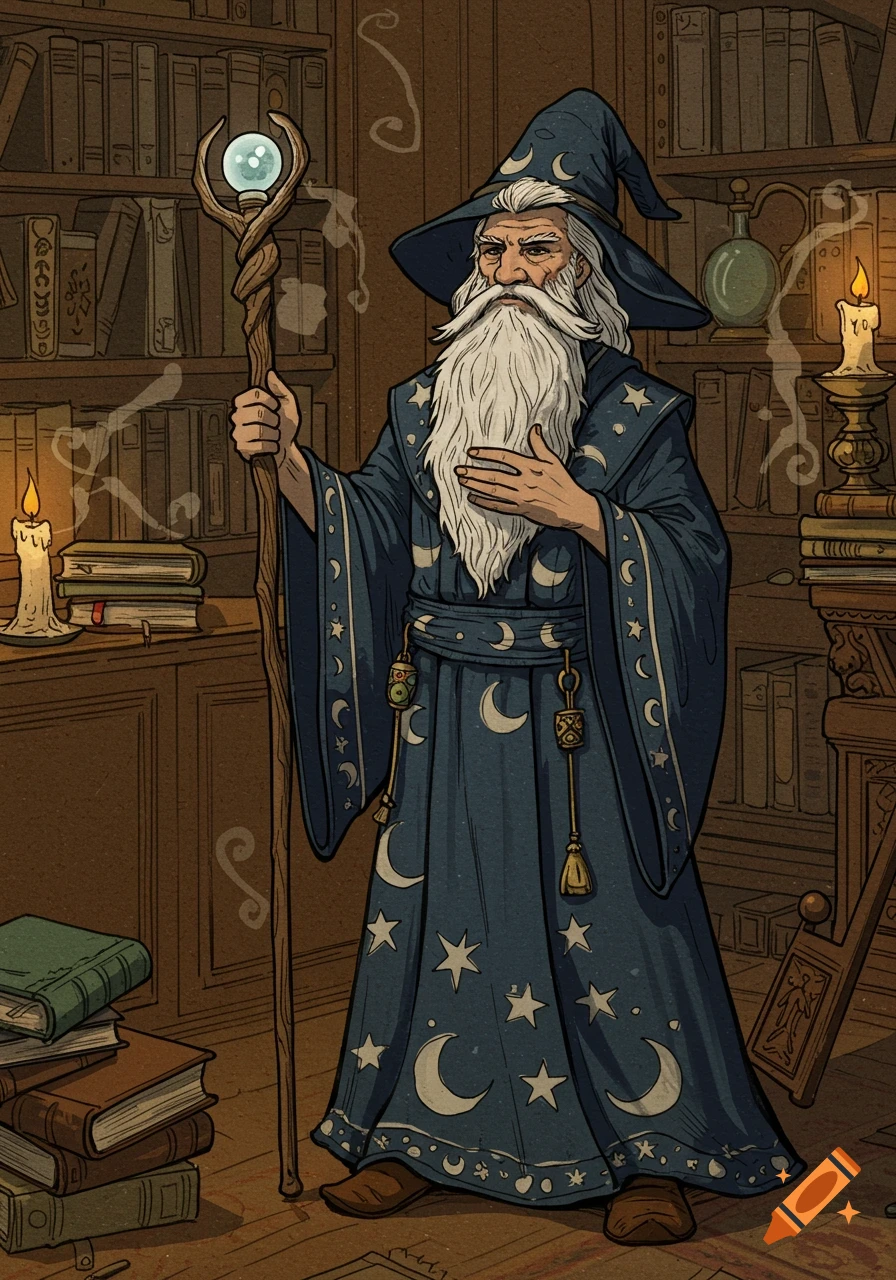 A classic style drawing of an old wizard with a long white beard ...