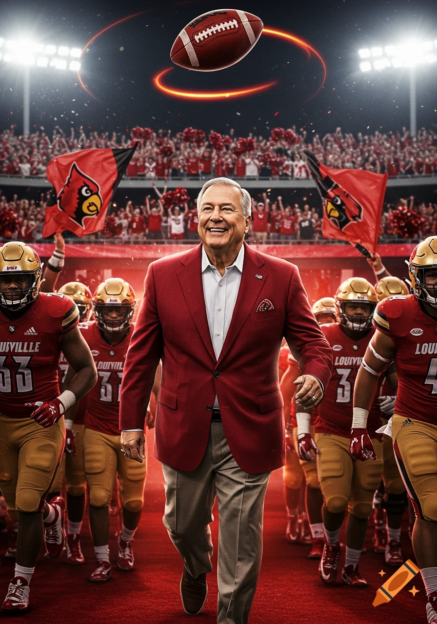 Smiling man in red suit walks through a football stadium, flanked by ...