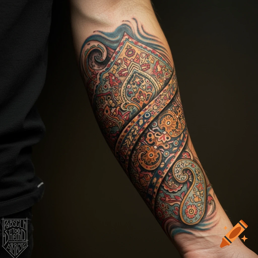 A detailed, colorful Persian rug pattern tattoo on a person's forearm ...