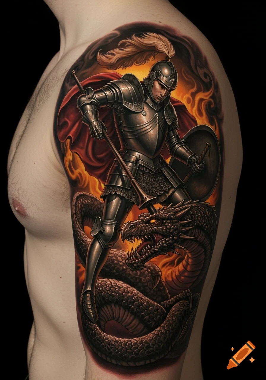 Photorealistic sleeve tattoo of Azrael in knight armor with a red cross ...