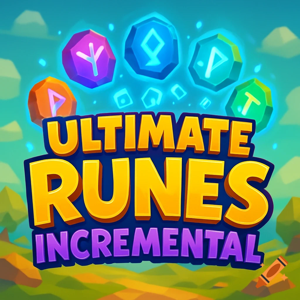 Cartoony game logo for Ultimate Runes Incremental with bold text and glowing runes over a low ...