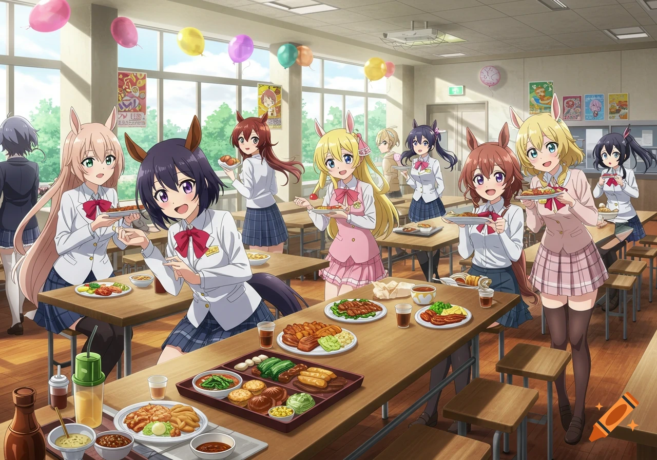 Anime girl with bunny ears and blue hair drinks from a cup in a school ...