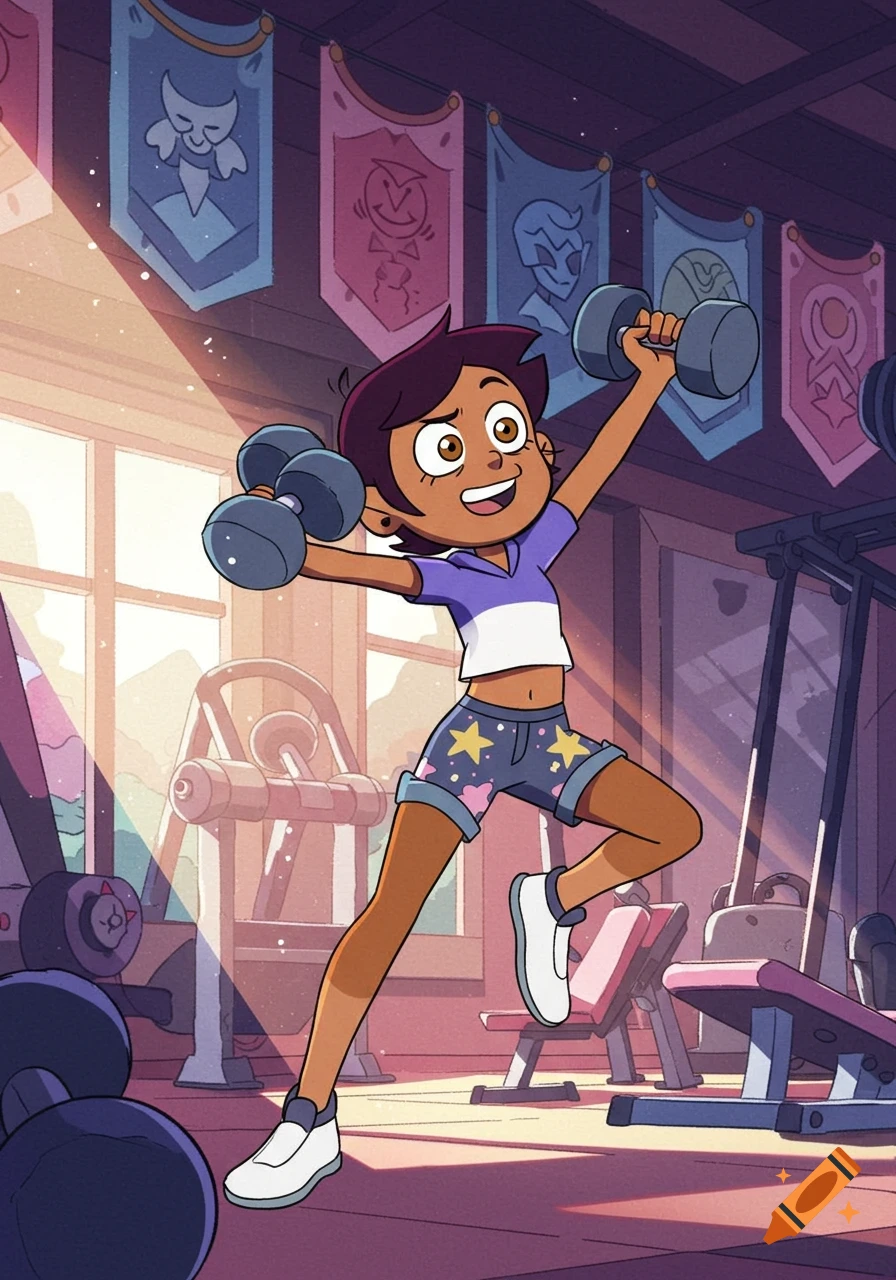 Luz from The Owl House smiles while lifting dumbbells in a sunny gym ...