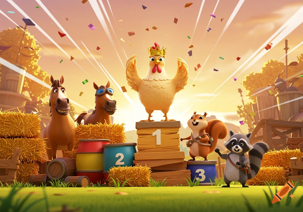 A blue cartoon bunny crosses the finish line, winning a gold medal ...