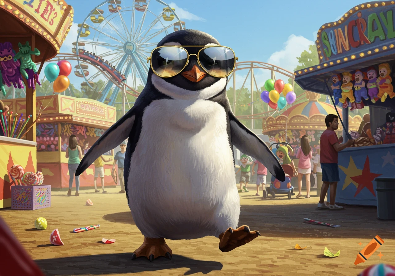 A cool penguin wearing sunglasses walks through a vibrant, sunny ...