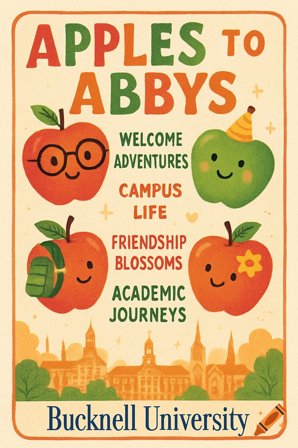 A colorful, retro-style poster for 'Apples to Abbys' featuring cartoon ...