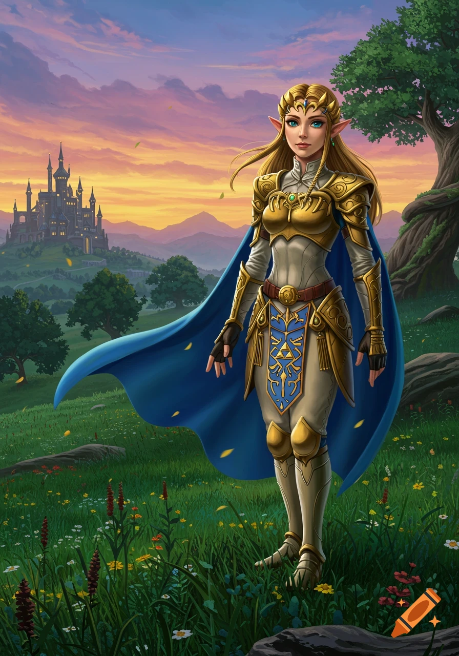 Princess Zelda in golden armor and a blue cape stands in a vibrant ...