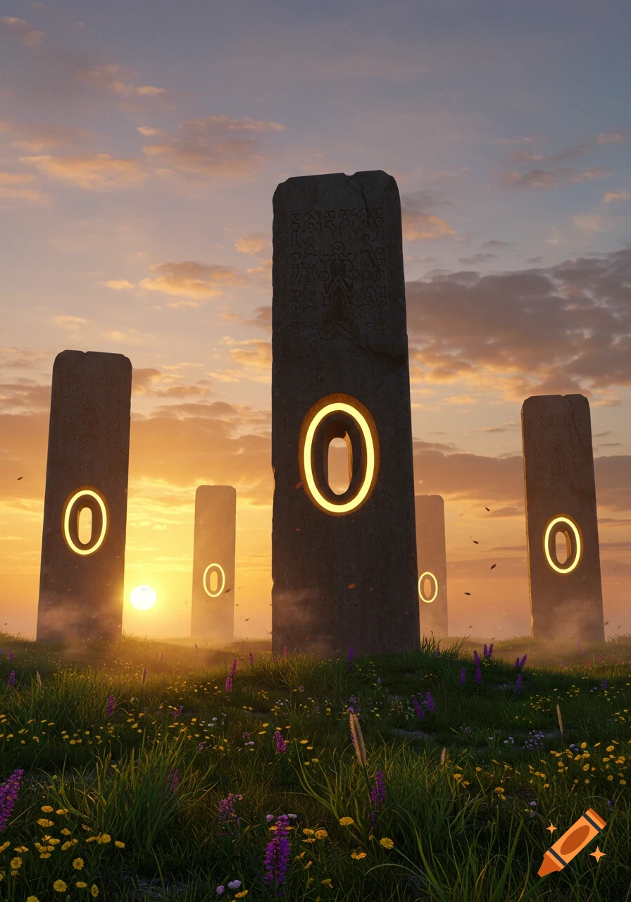 Tall stone totems with glowing 'O' cutouts stand in a grassy field at ...