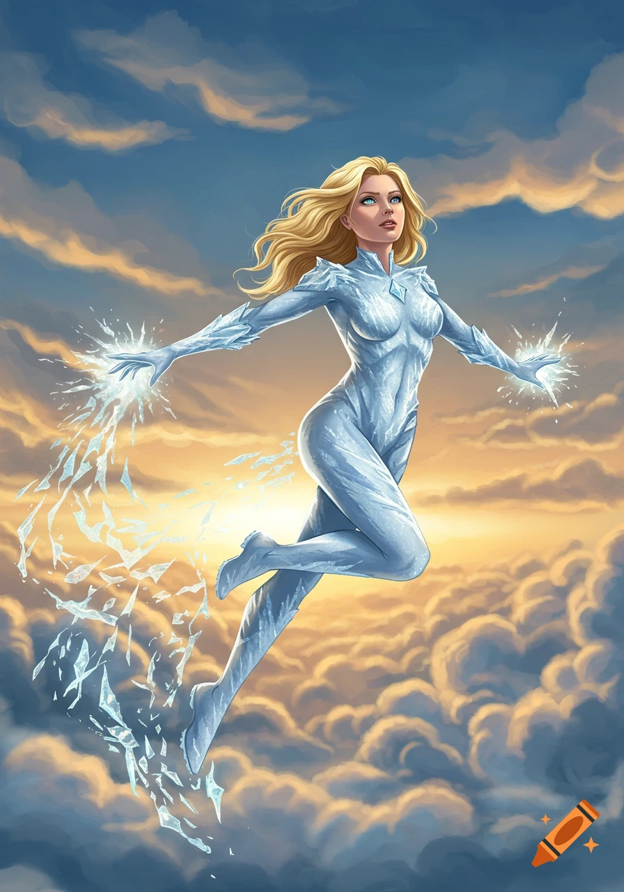 A blonde female superhero in a light blue, icy suit floats through a ...