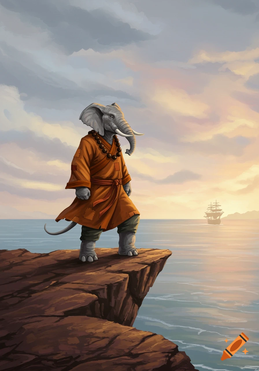 A fantasy illustration of a loxodon monk in orange robes standing on a ...