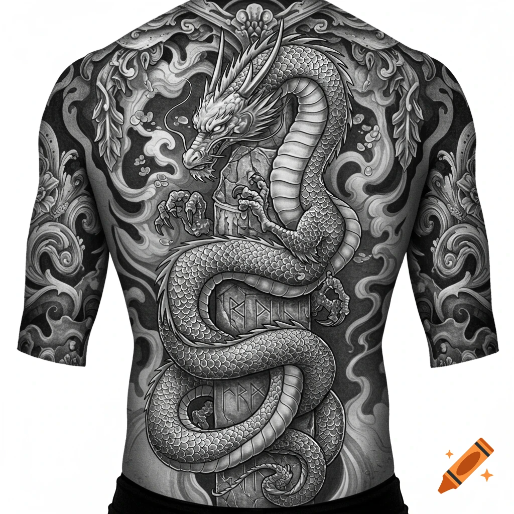 Detailed black and white full back tattoo featuring a dragon coiled ...