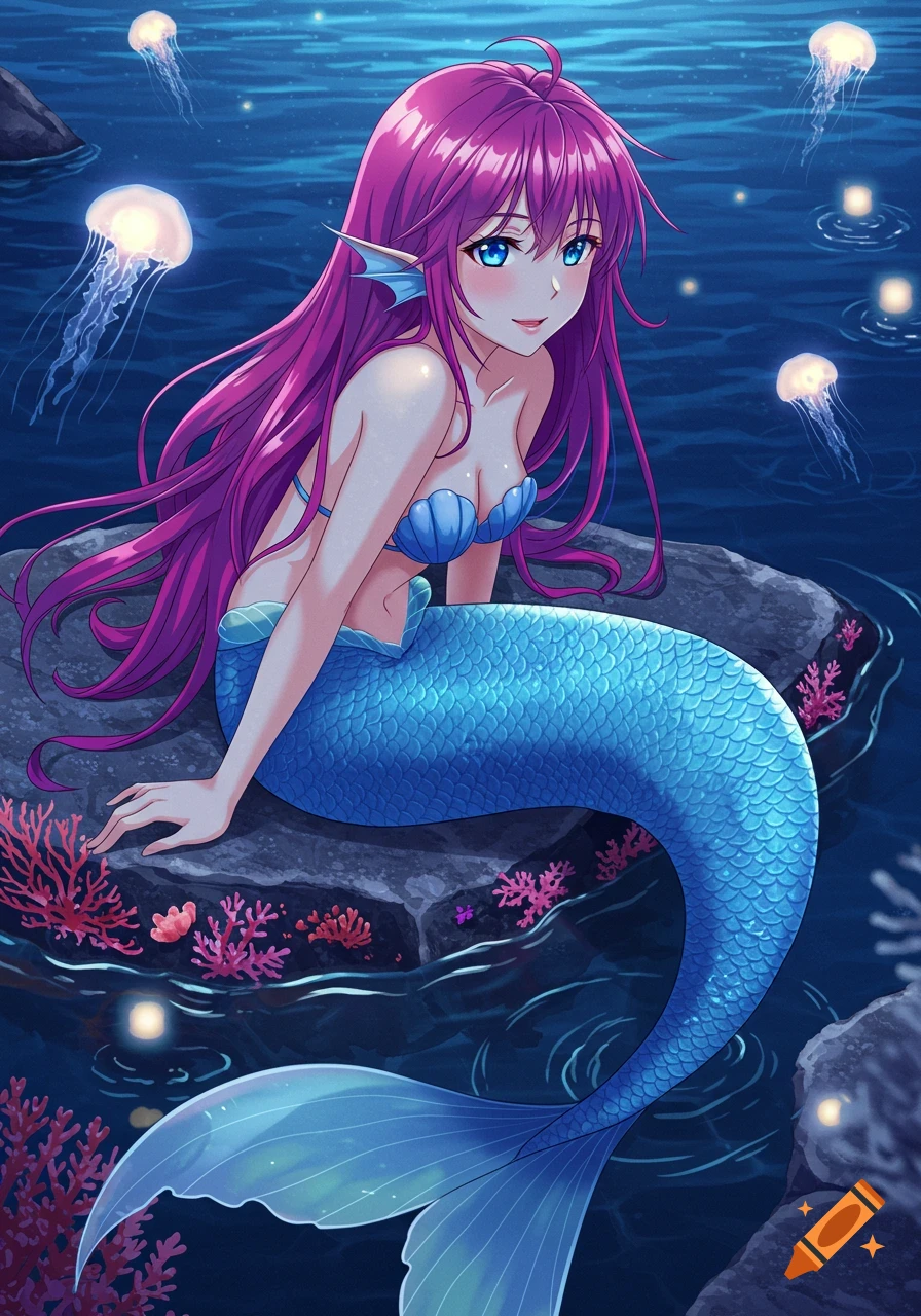 Anime mermaid with long brown hair, a red and white outfit, and a ...