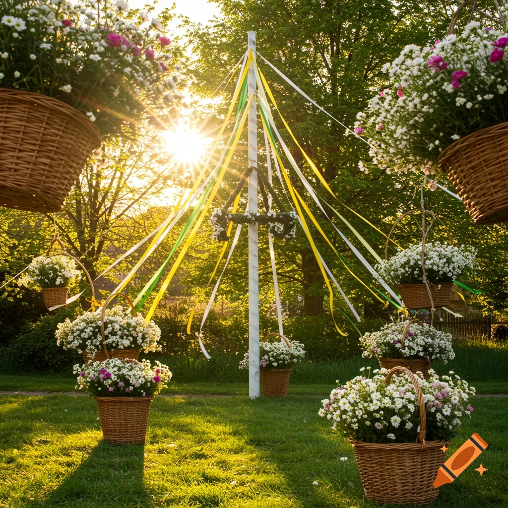 A white maypole with yellow, white, and green ribbons, surrounded by ...