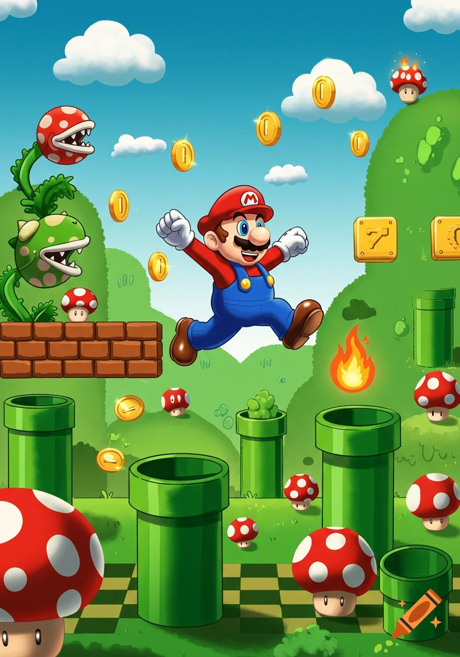 A vibrant cartoon scene of Super Mario jumping, surrounded by classic ...