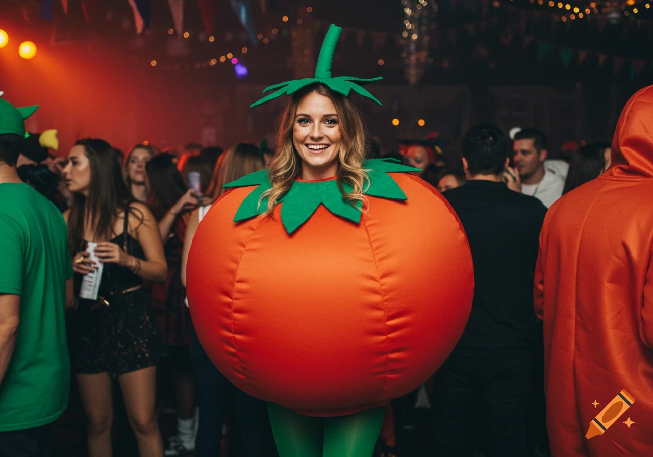 A smiling woman with two heads in an orange costume waves, surrounded by people at a Halloween ...